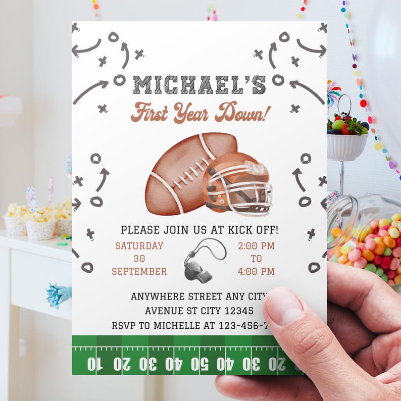 Editable First Year Down Football Birthday Invitation, Football 1st ...