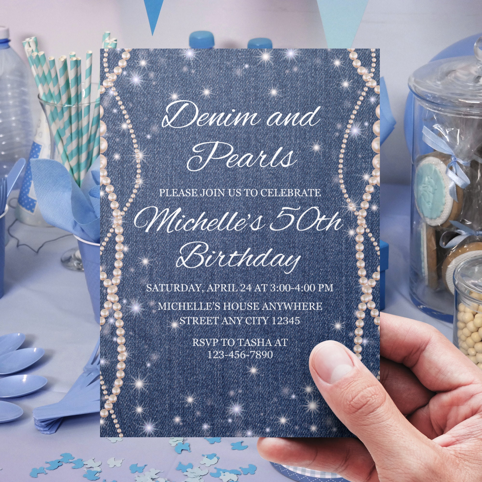 Denim and Pearls Birthday Invitation Template Editable Denim Birthday ...