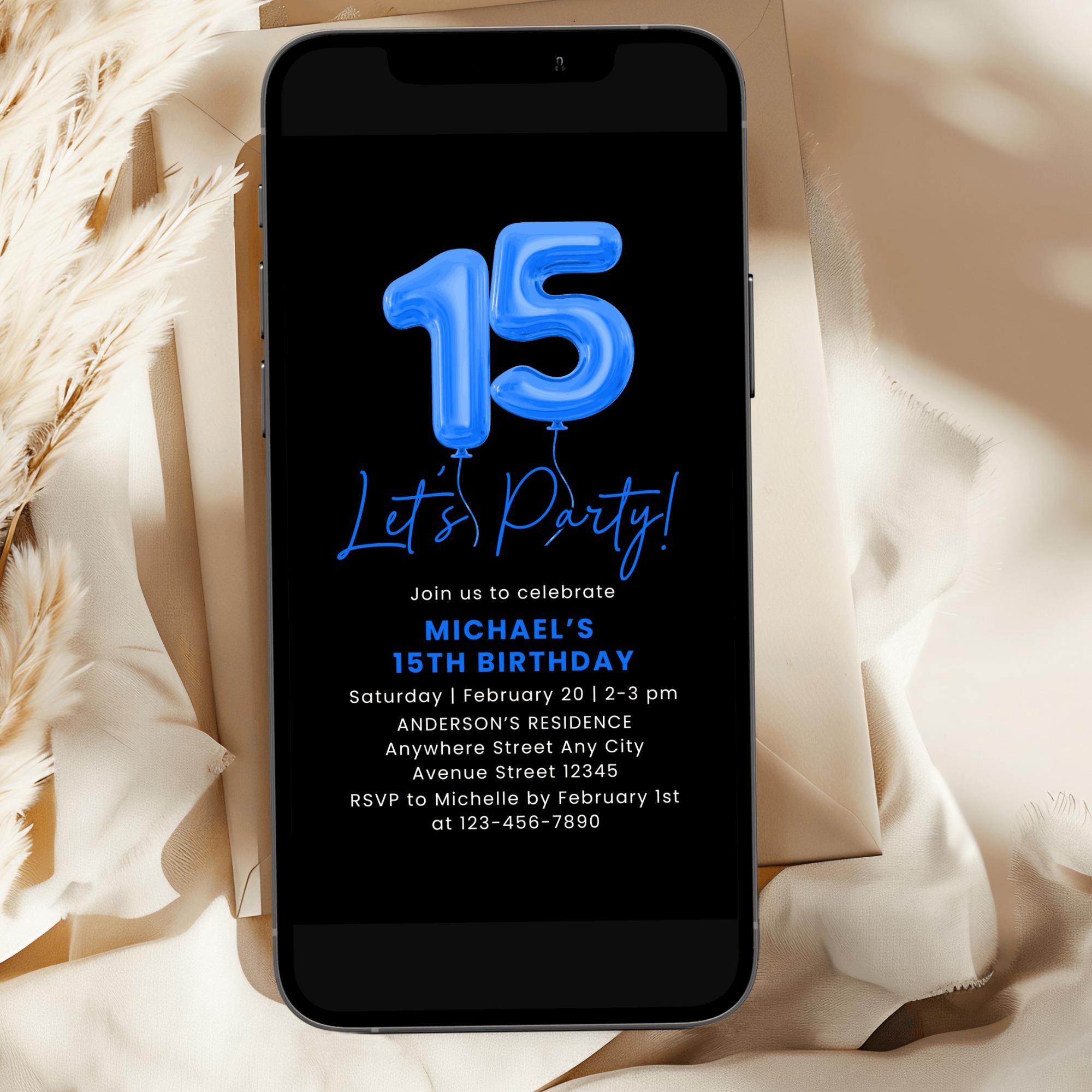 15th Birthday Digital Invitation, Blue and Black 15th Birthday Evite ...