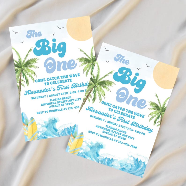 Editable The Big One Birthday Invitation Tabla de surf 1er cumpleaños ...