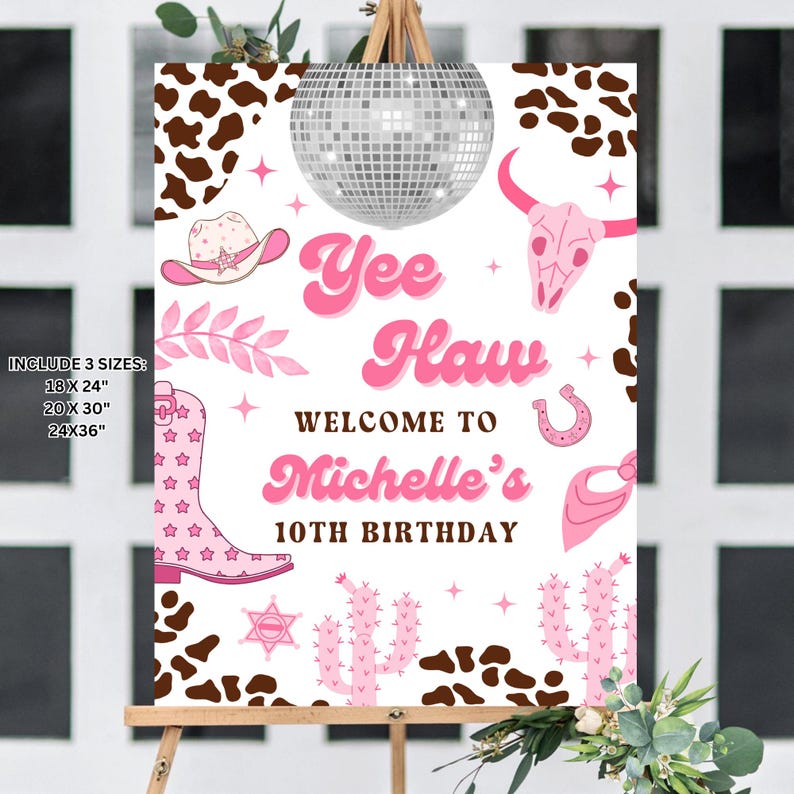 Space Cowgirl Birthday Welcome Sign, Disco Cowgirl Birthday Sign ...
