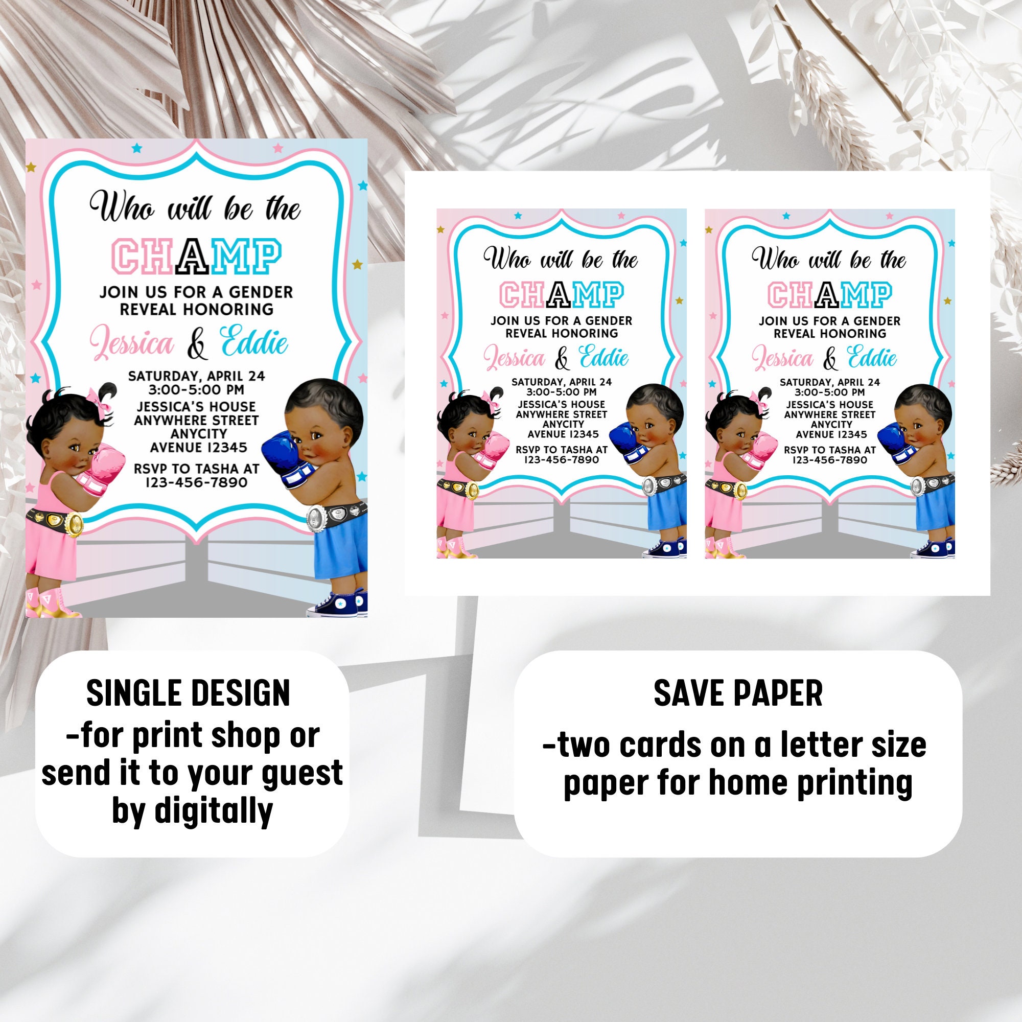 Editable Boxing Gender Reveal Invitation Who Will Be the Champ Boxer ...