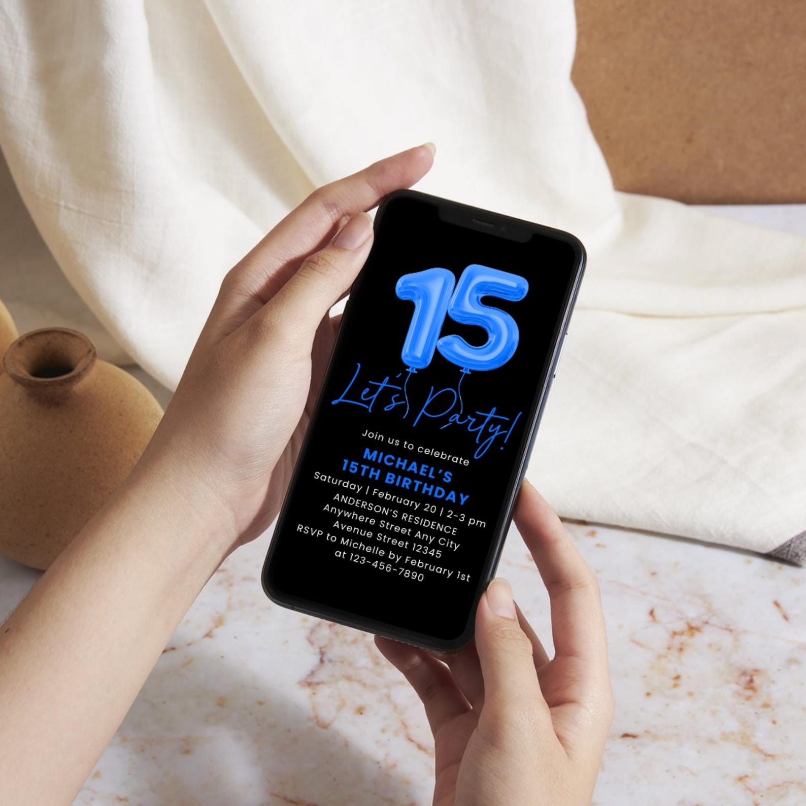 15th Birthday Digital Invitation, Blue and Black 15th Birthday Evite ...