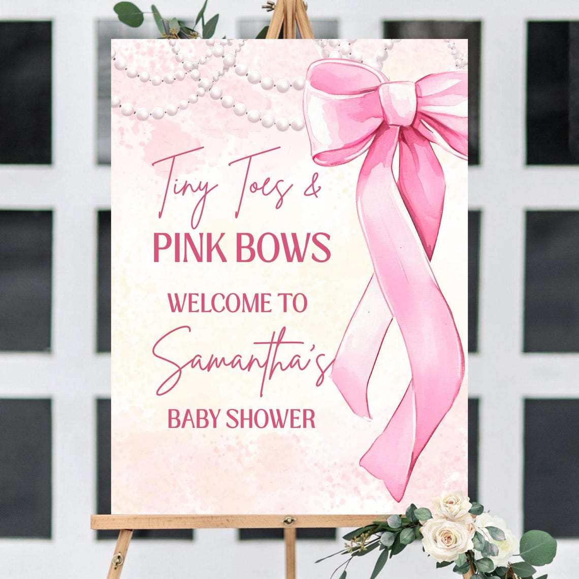 Pink Bow Girl Baby Shower Welcome Sign, Tiny Toes and Pink Bows Sign ...
