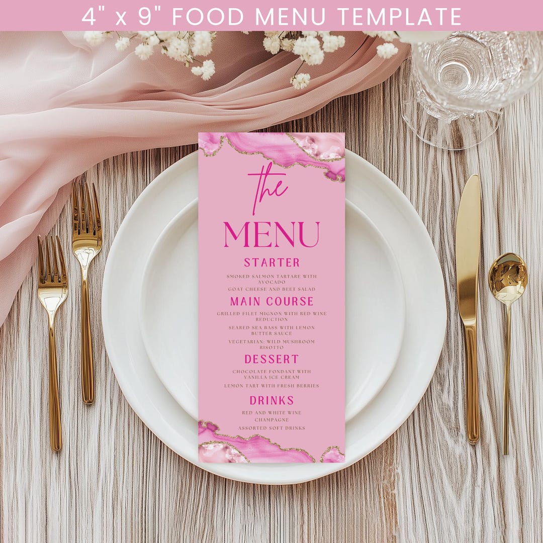 Pink Food Menu Card, Table Menu, Shades of Pink Menu Card, Women ...