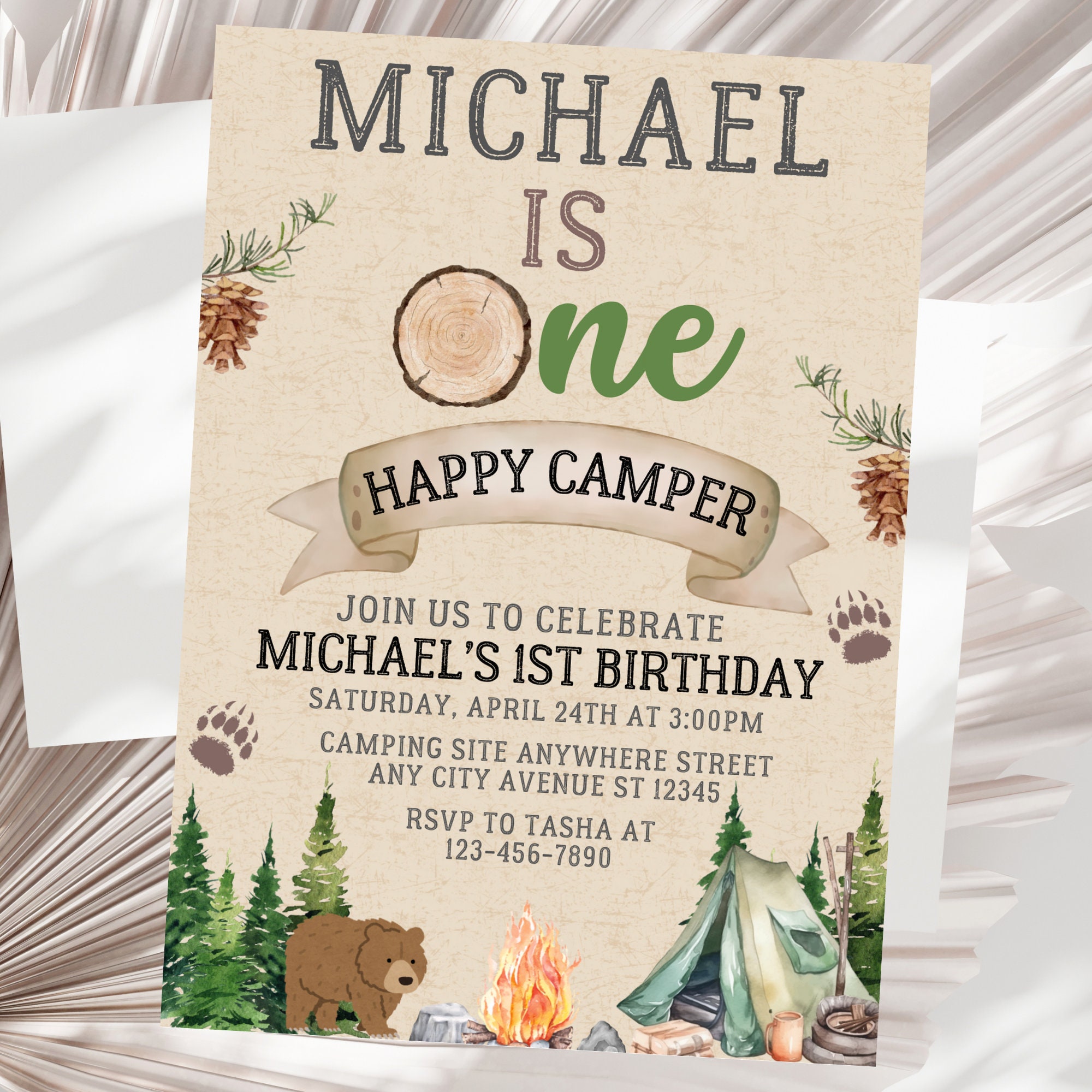 Editable Camping Birthday Invitation, One Happy Camper Birthday ...