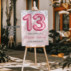 Pink 13th Birthday Welcome Sign, Girl Glitter Birthday Welcome Board ...