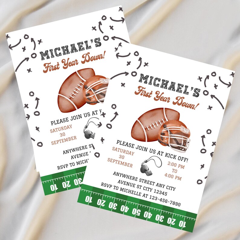 Editable First Year Down Football Birthday Invitation, Football 1st ...