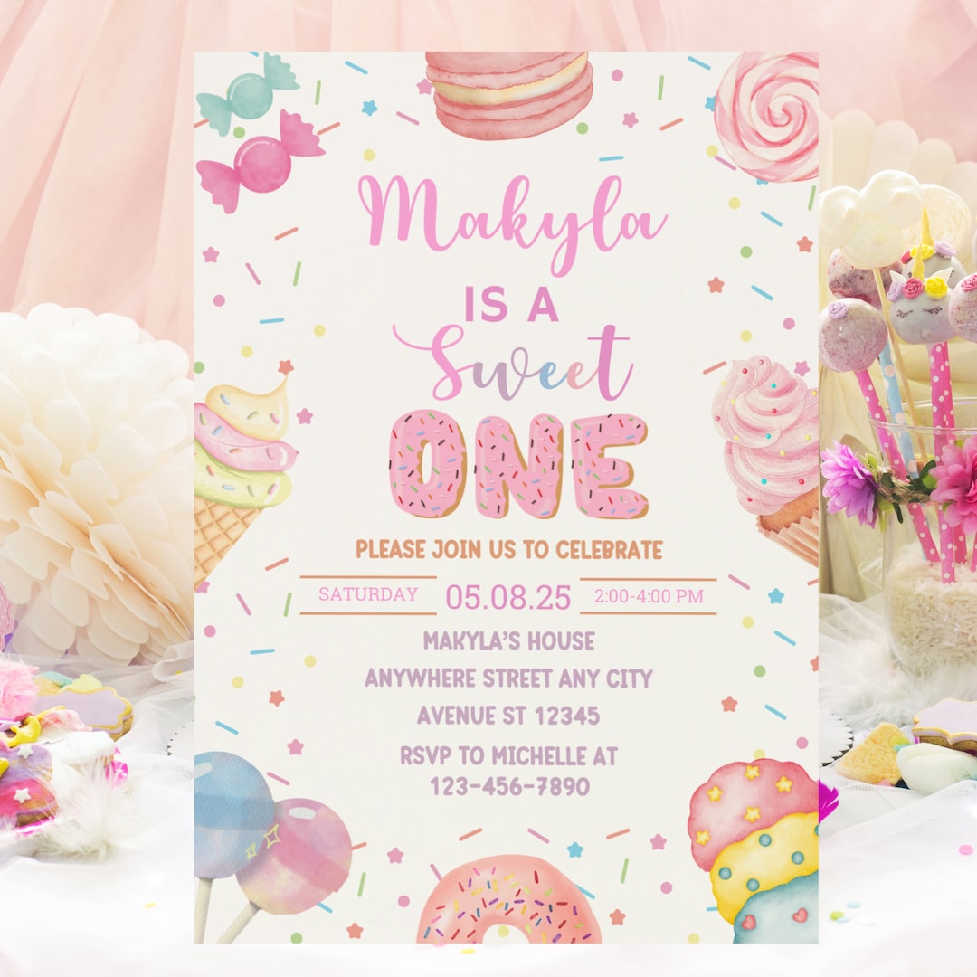Editable Sweet One Birthday Invitation Candy Sweet 1st Birthday Girl ...