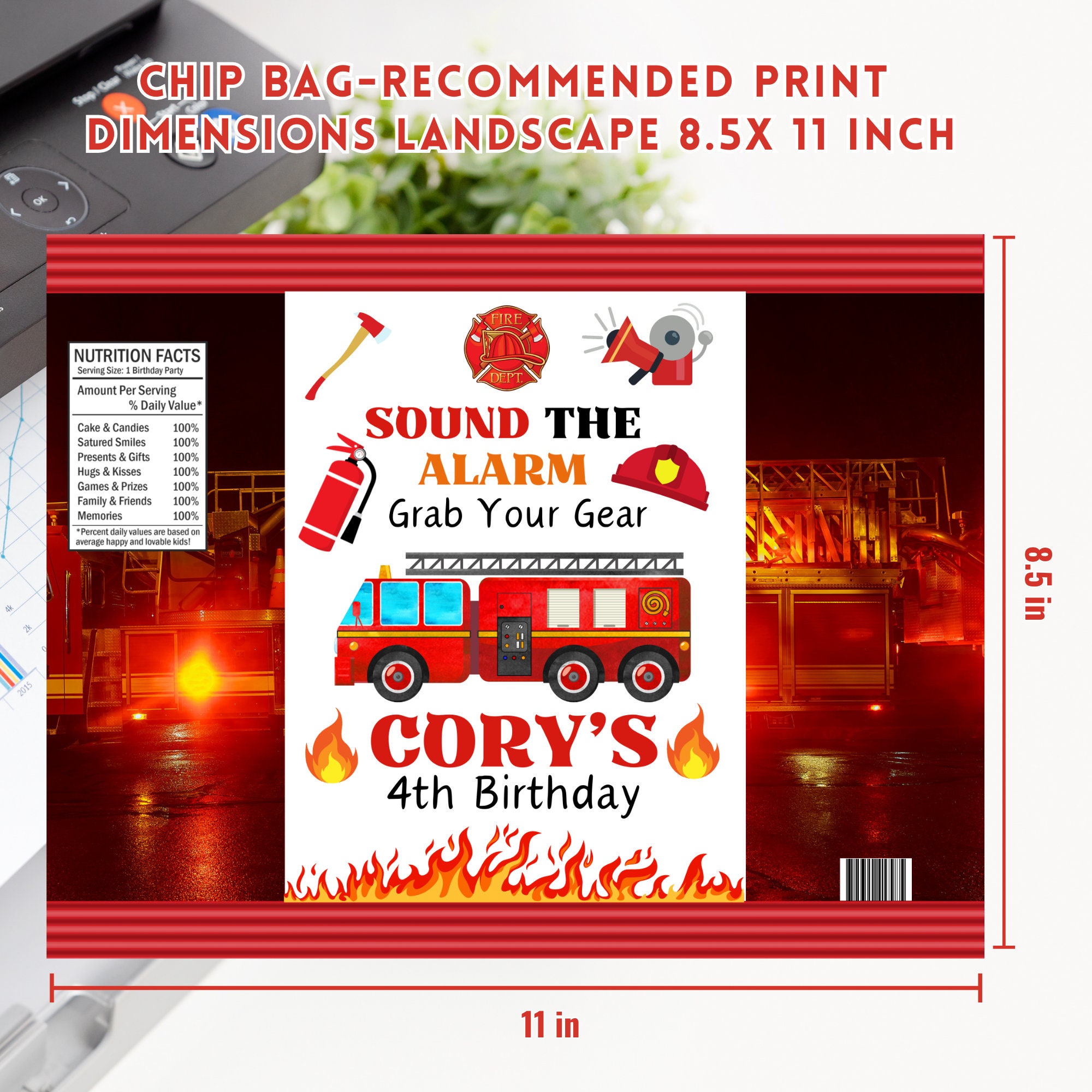 Firetruck Birthday Chip Bag Firefighter Birthday Chip Wrap Label Custom ...