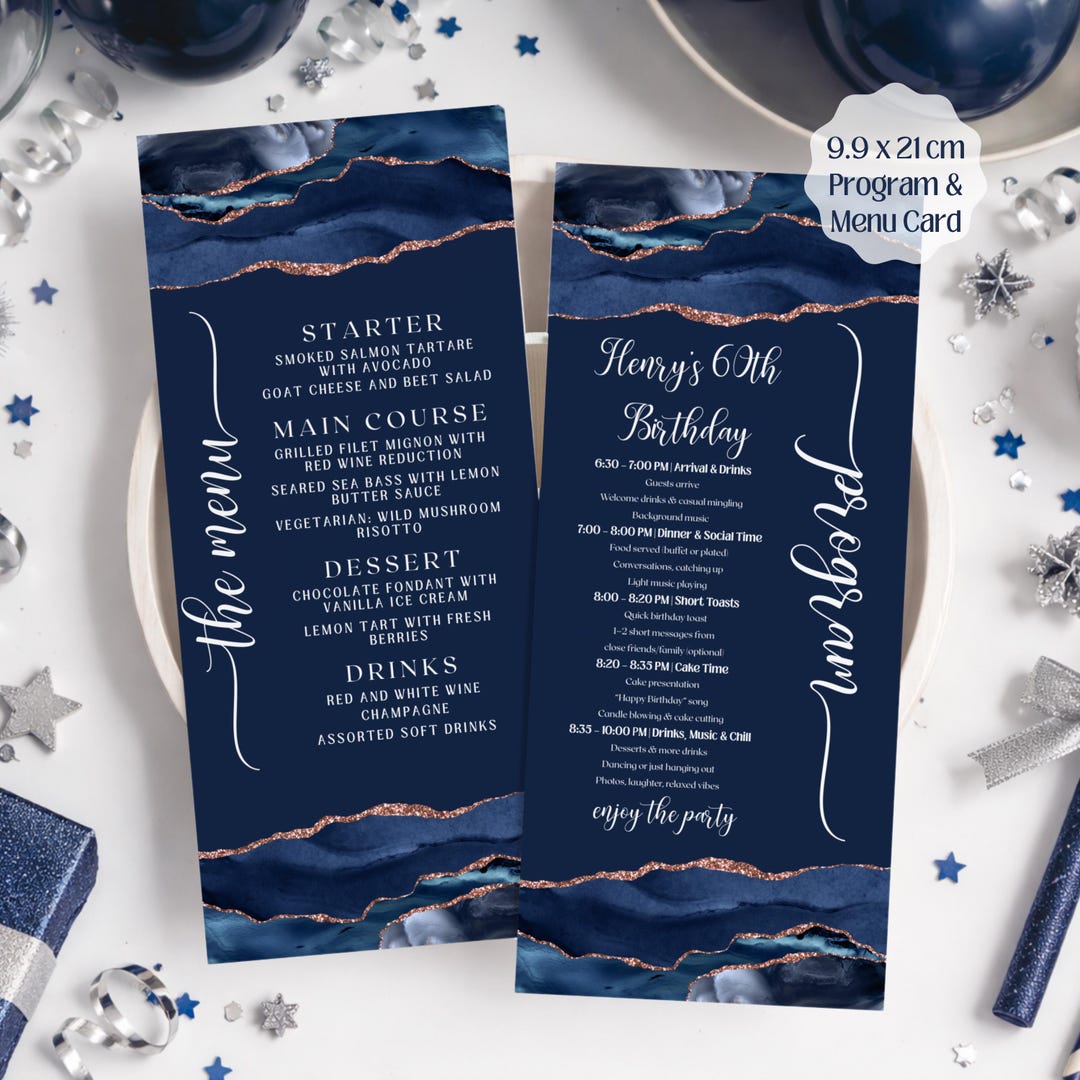Navy Blue Program and Food Menu Card, Table Card, Birthday Program ...
