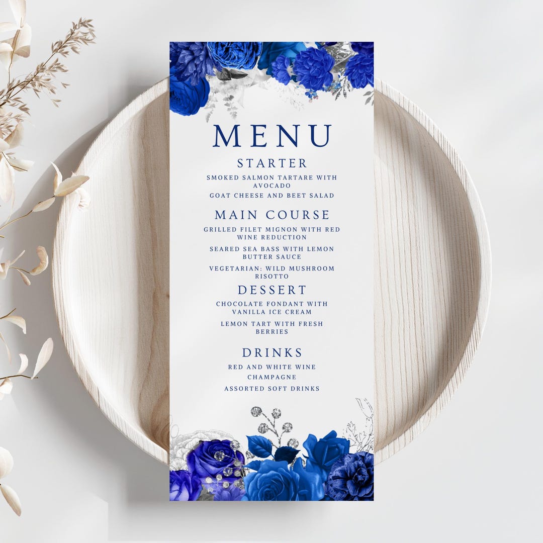 Blue Floral Menu Card, Table Menu, Birthday Invitation Menu Card, Women ...