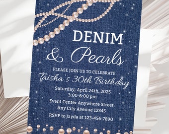 Denim and Pearls Birthday Invitation Template Editable Denim Birthday ...