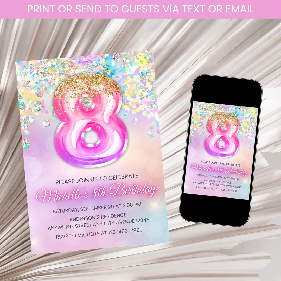 8th Birthday Invitation, Girl Purple and Pink Birthday Invite, Girl 8th ...