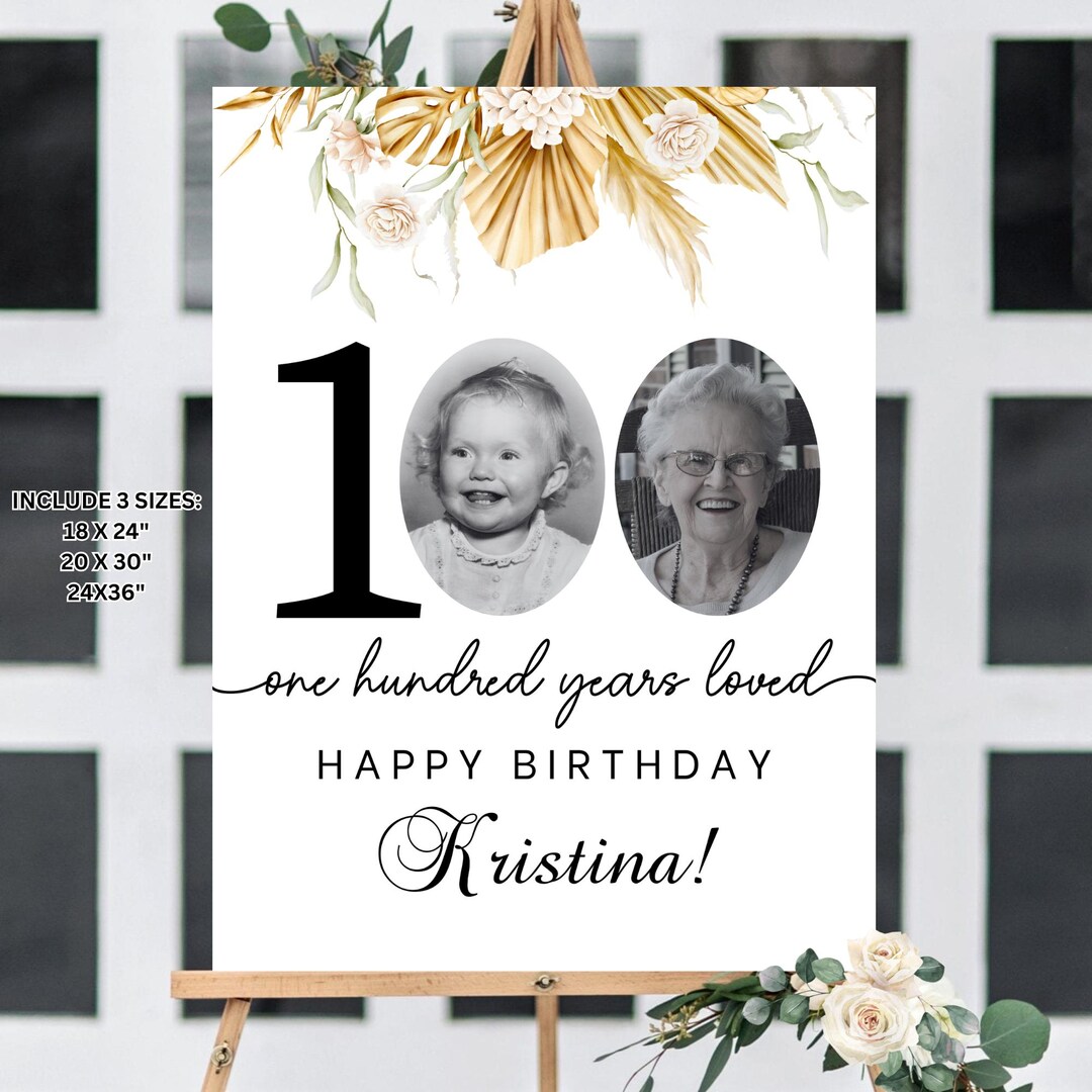 Editable 100th Birthday Welcome Sign, 100 Years Loved Photo Welcome ...
