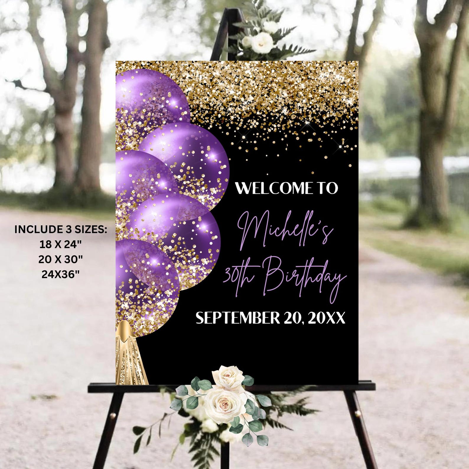 Purple and Gold Birthday Welcome Sign, Women Purple Birthday Sign ...