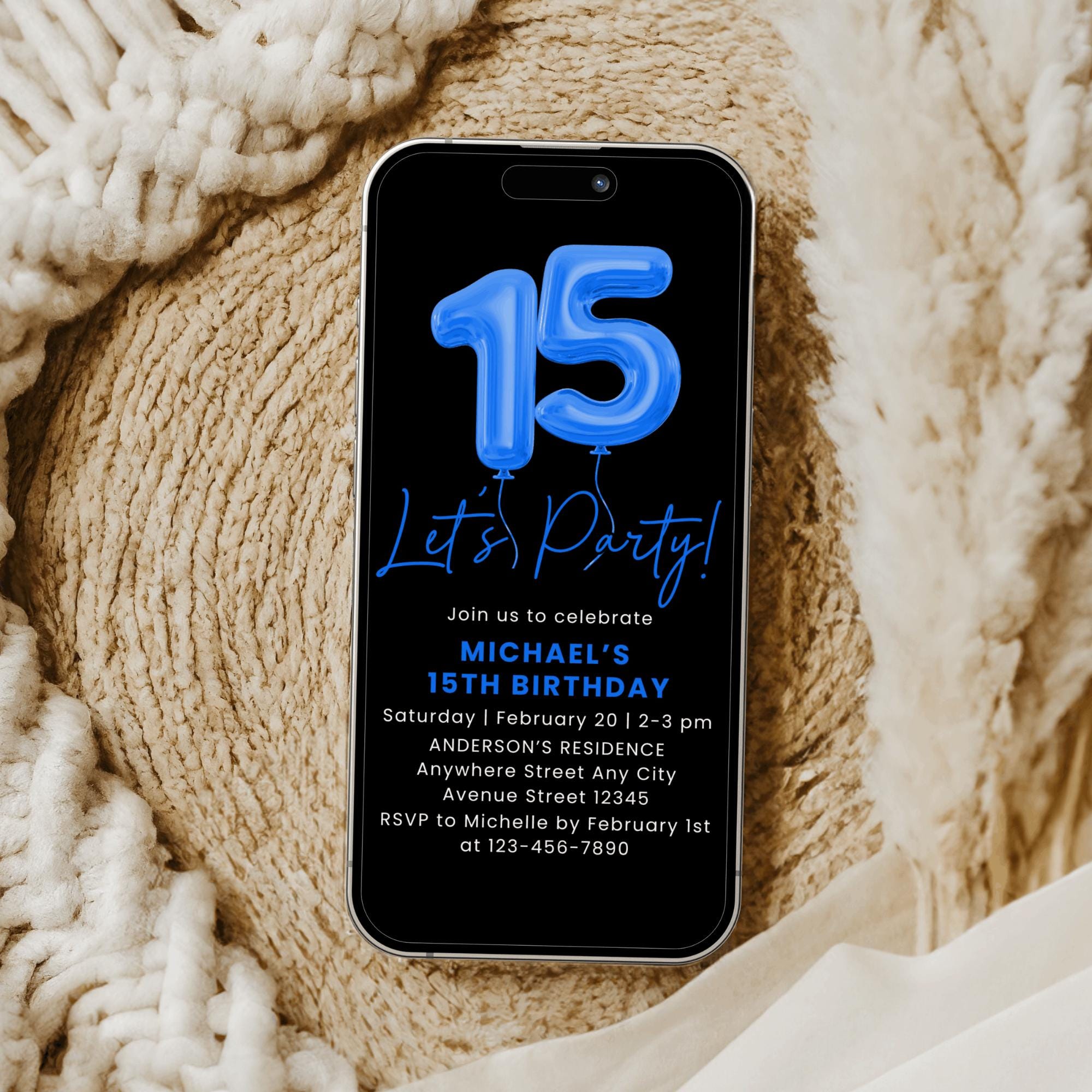 15th Birthday Digital Invitation, Blue and Black 15th Birthday Evite ...