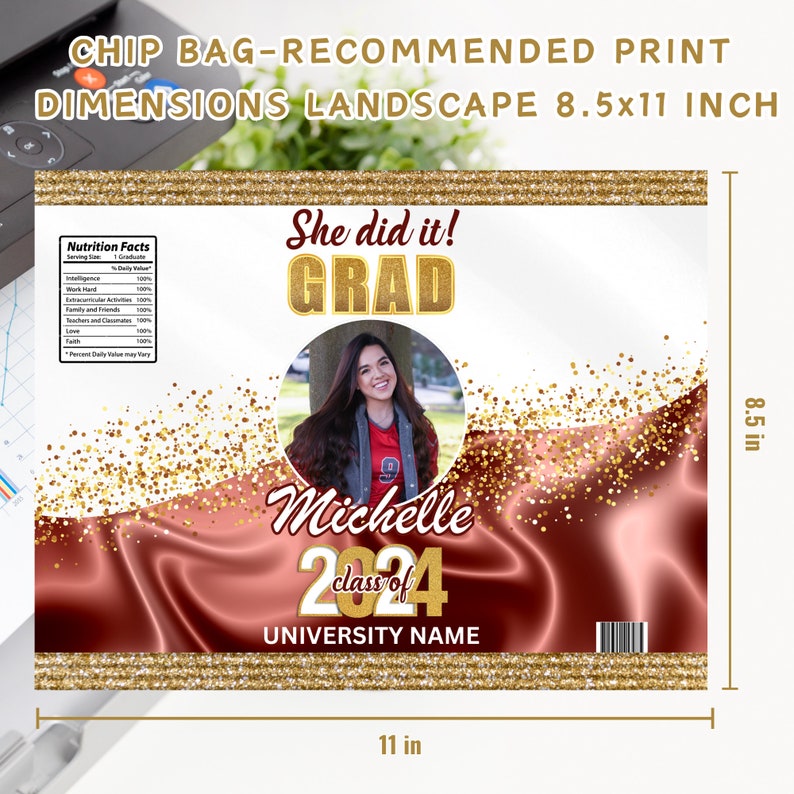 Graduation Chip Bag Template for Graduand Red and Gold Graduation Chip ...