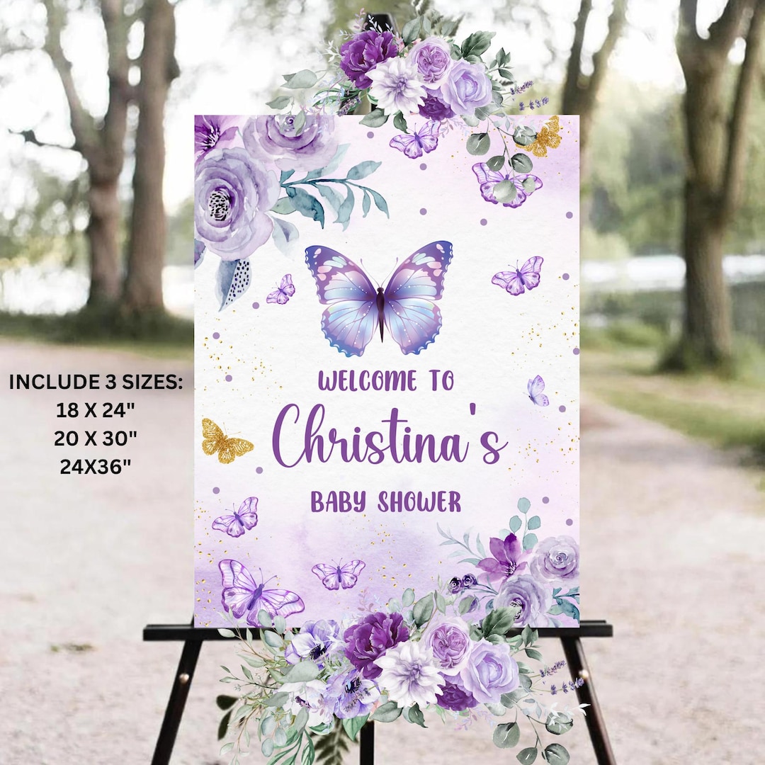 Editable Butterfly Baby Shower Welcome Sign,purple Butterfly Baby ...