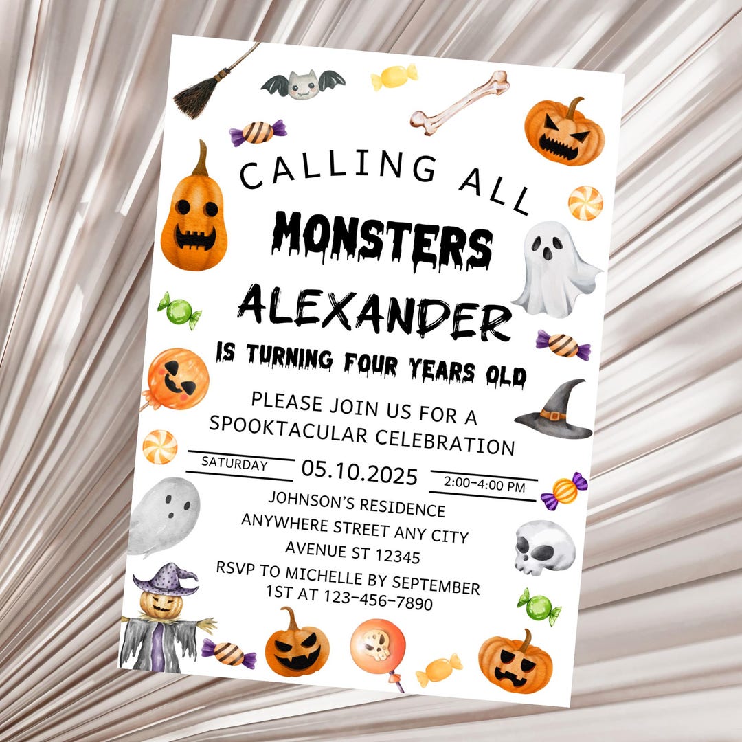 Editable Monster Halloween Birthday Invitation, Halloween Party Invite ...