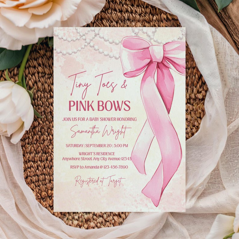 Pink Bow Girl Baby Shower Invitation, Tiny Toes and Pink Bows Invite ...