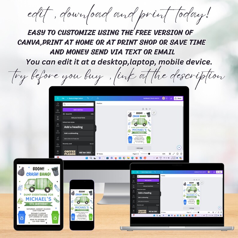 Garbage Truck Birthday Invitation, Boom Crash Bang Birthday Invitation ...