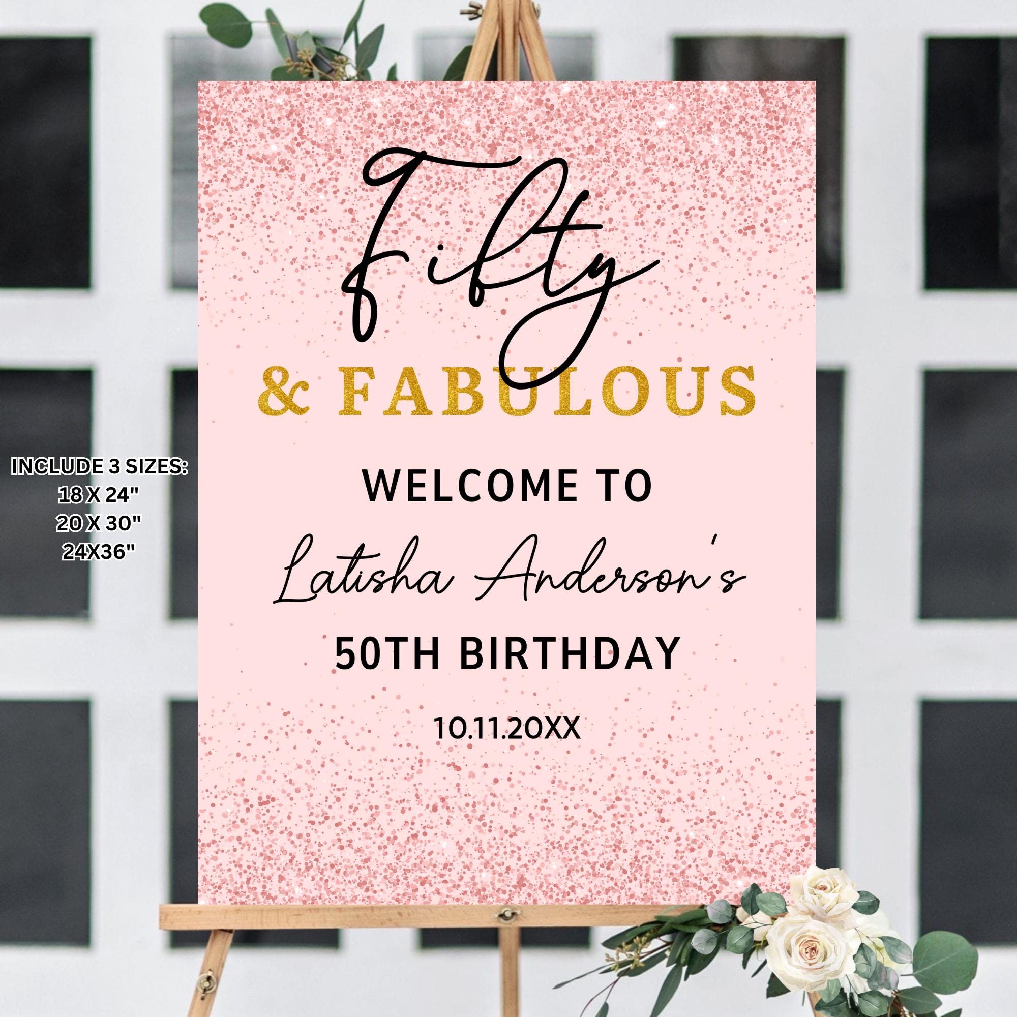 Editable 50th Birthday Welcome Sign, Rose Gold Adult Welcome Board ...