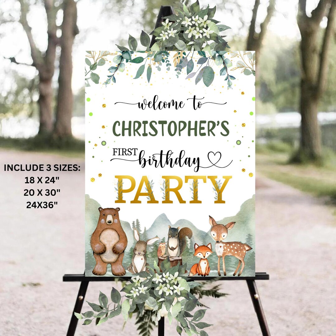Editable Woodland Animals Welcome Sign Woodland First Birthday Welcome ...