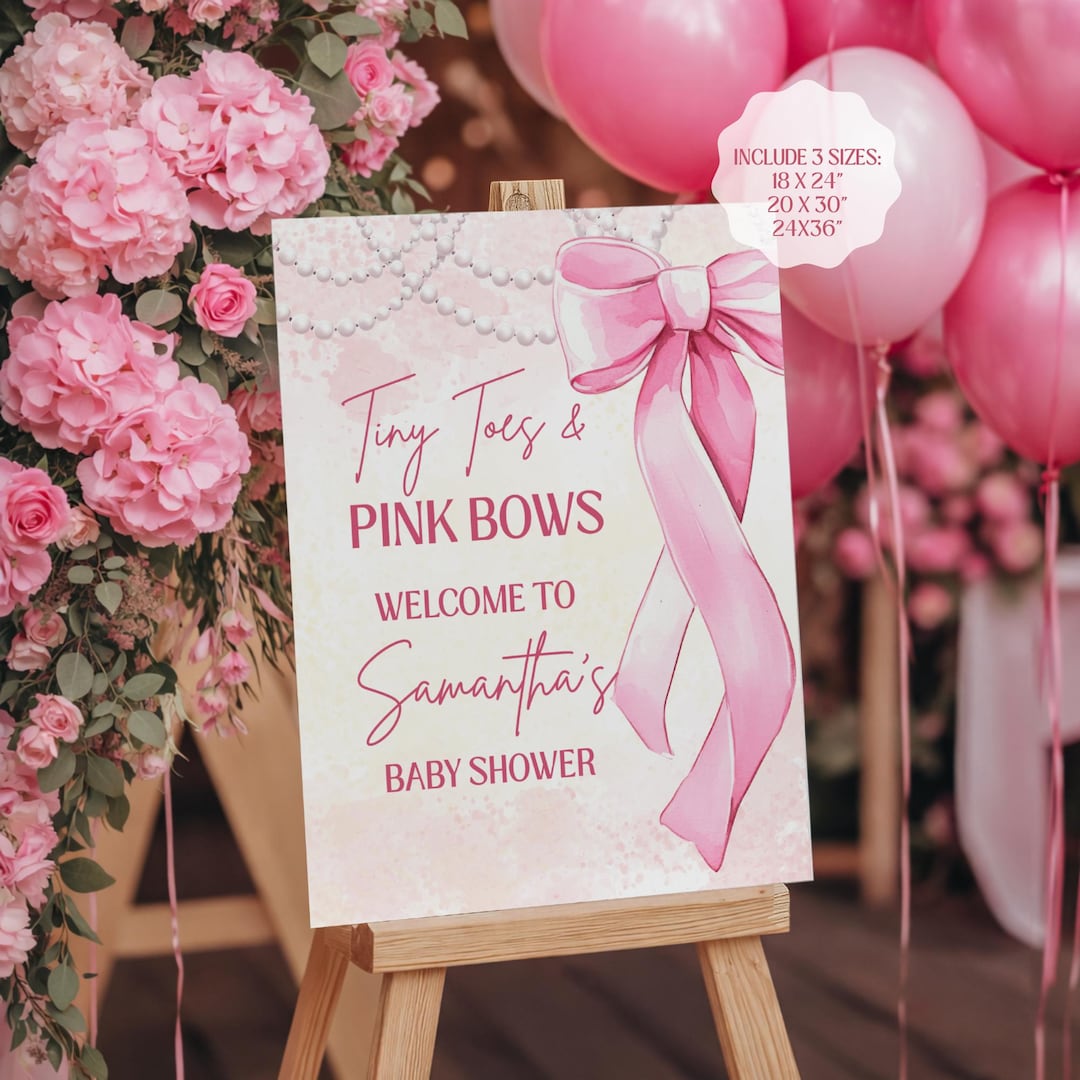 Pink Bow Girl Baby Shower Welcome Sign, Tiny Toes and Pink Bows Sign ...