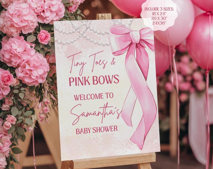 Pink Bow Girl Baby Shower Welcome Sign, Tiny Toes and Pink Bows Sign ...