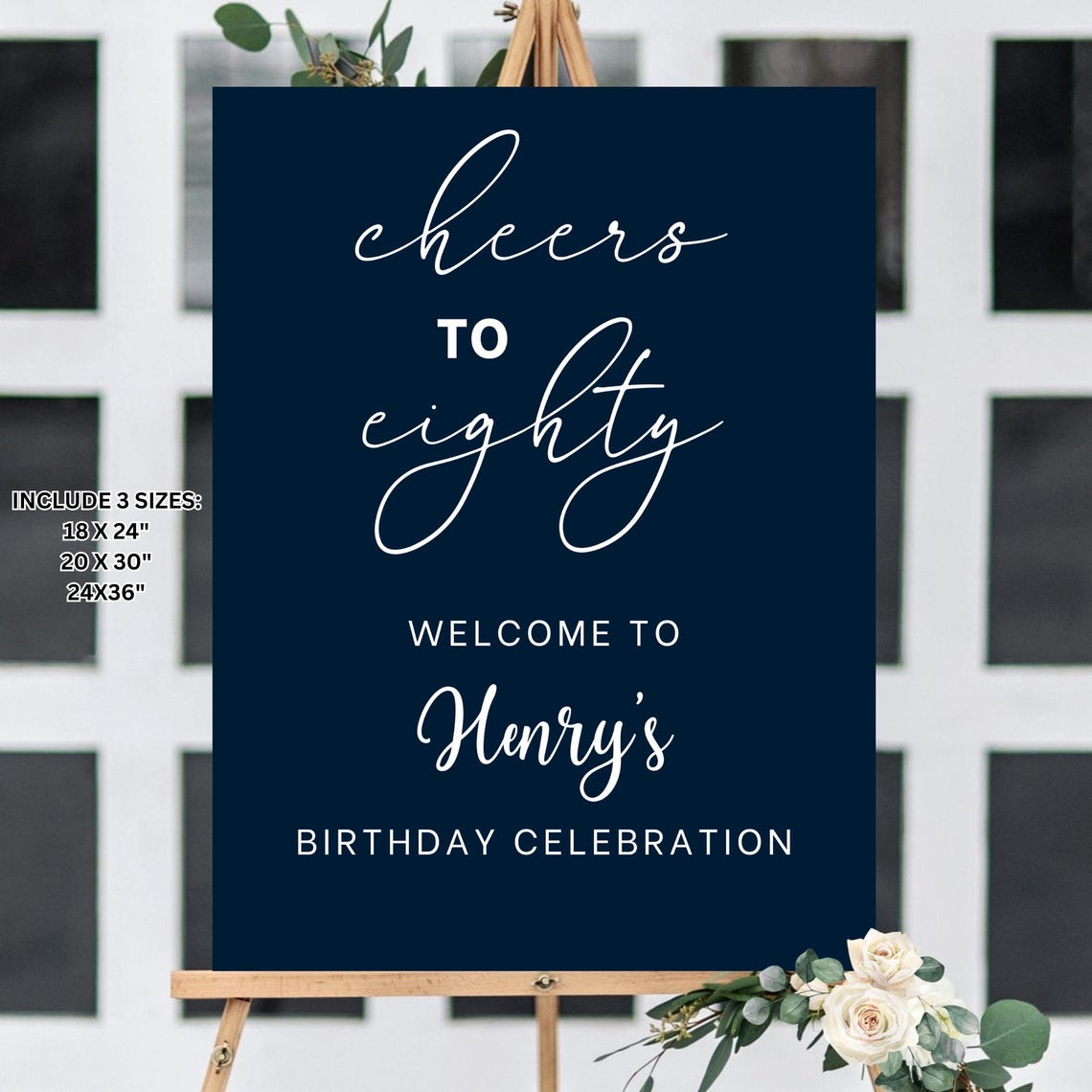 Adult Birthday Welcome Sign, Navy and White Cheers to Eighty Welcome ...