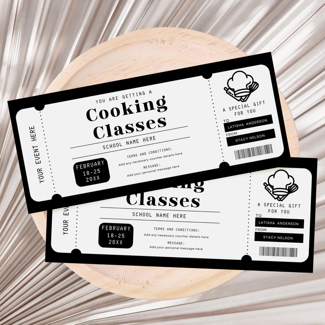 Cooking Classes Ticket Gift Voucher, Baking Gift Certificate, Cooking ...