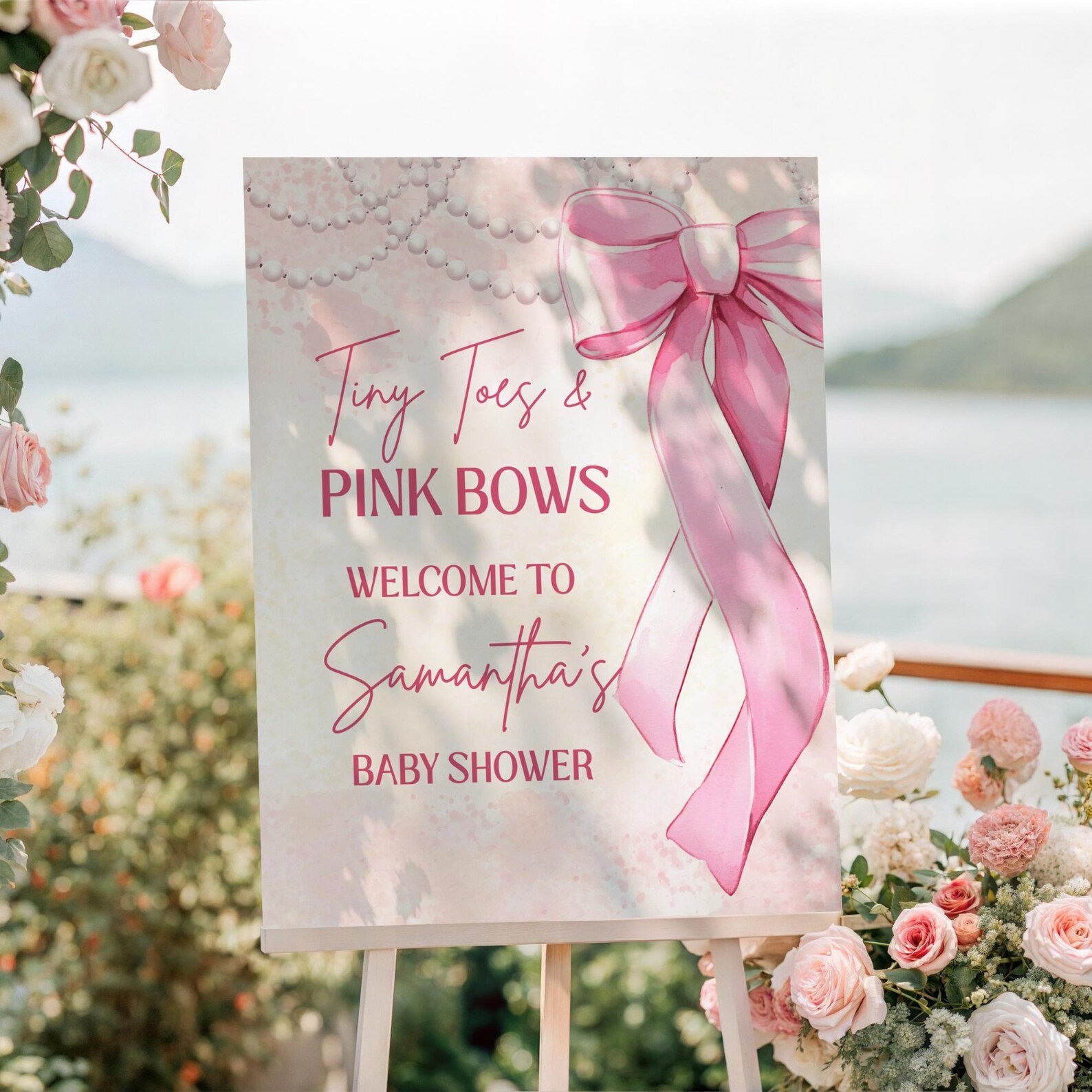 Pink Bow Girl Baby Shower Welcome Sign, Tiny Toes and Pink Bows Sign ...