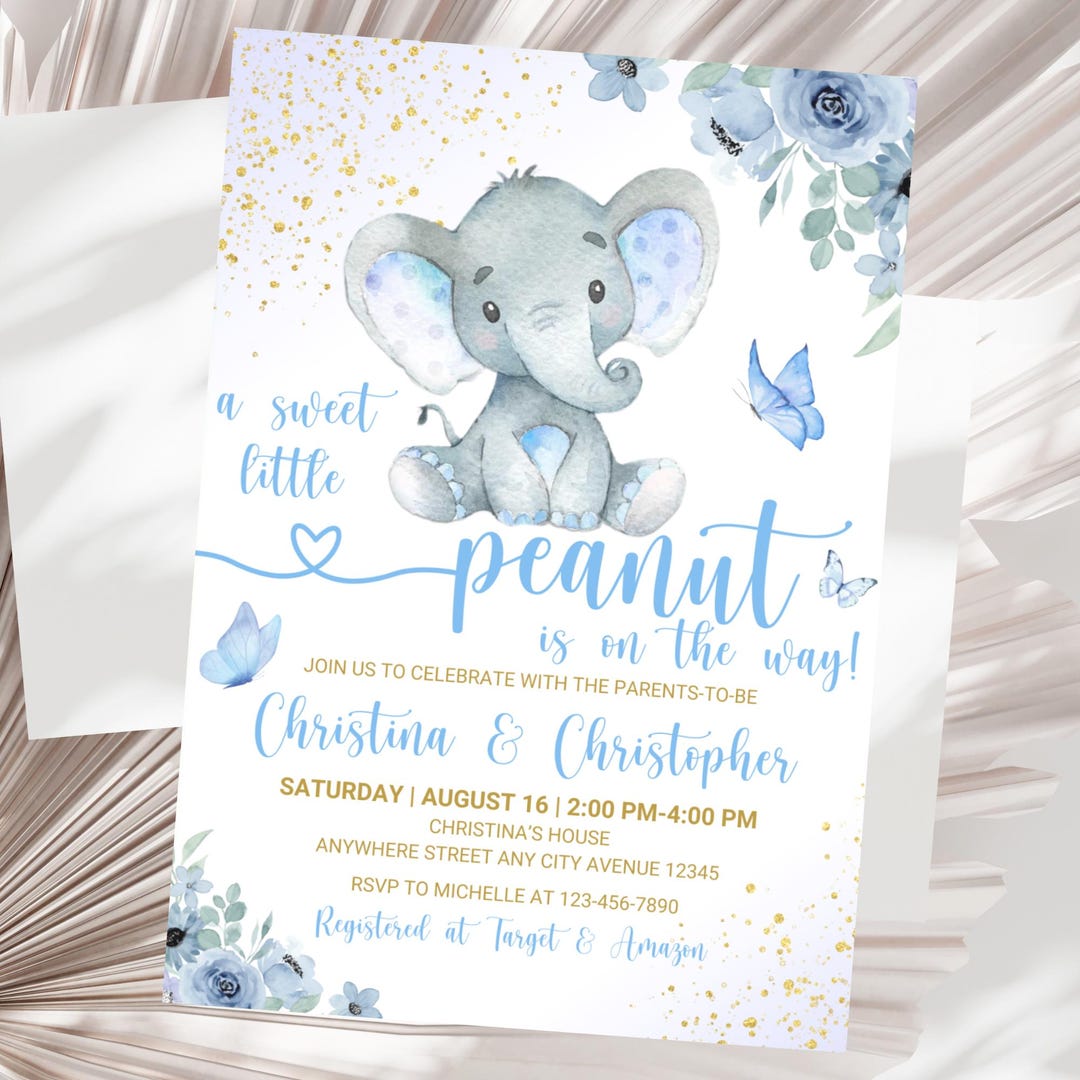 Boy Elephant Baby Shower Invitation Blue Elephant Baby Shower Invite A Sweet Little Peanut ...