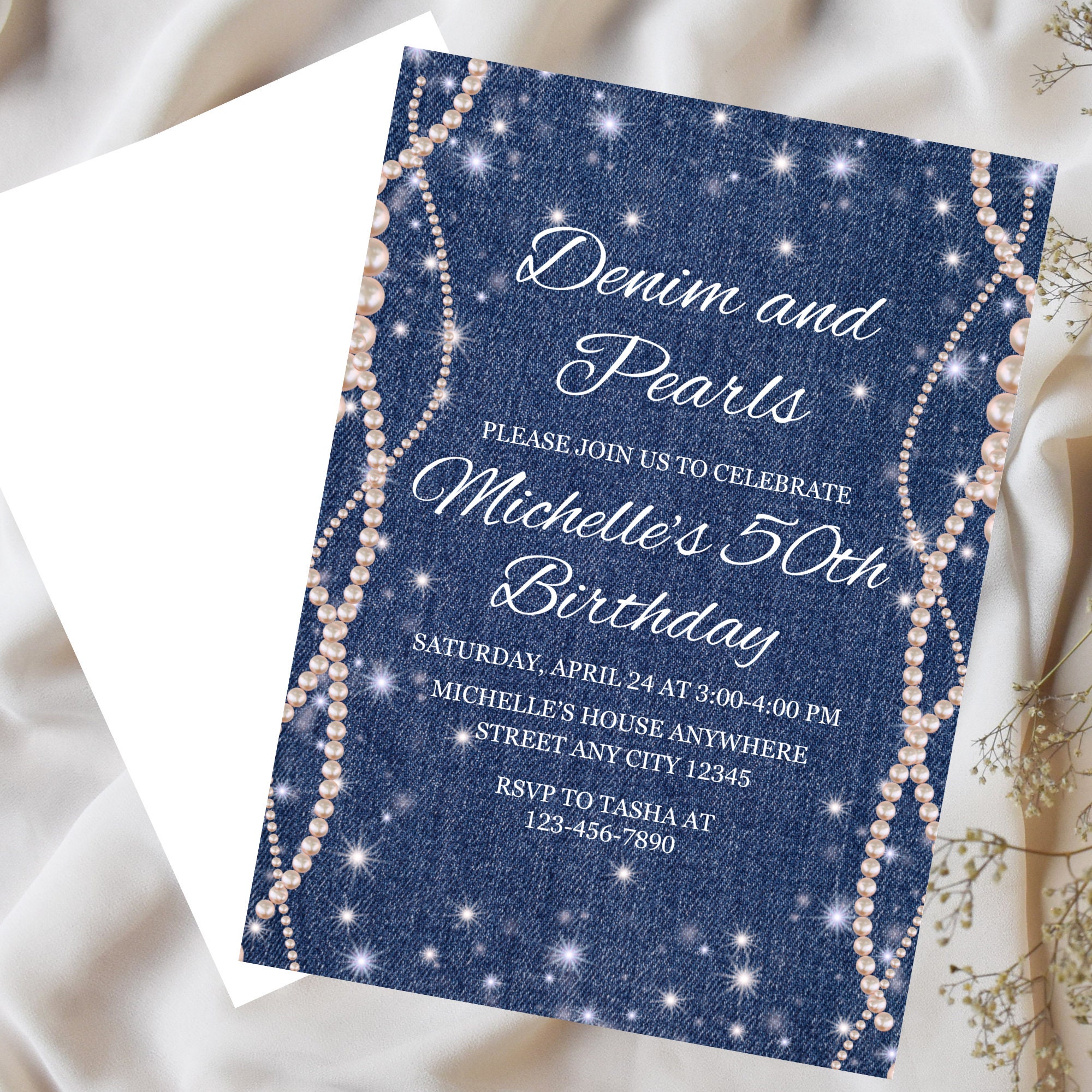 Denim and Pearls Birthday Invitation Template Editable Denim Birthday ...