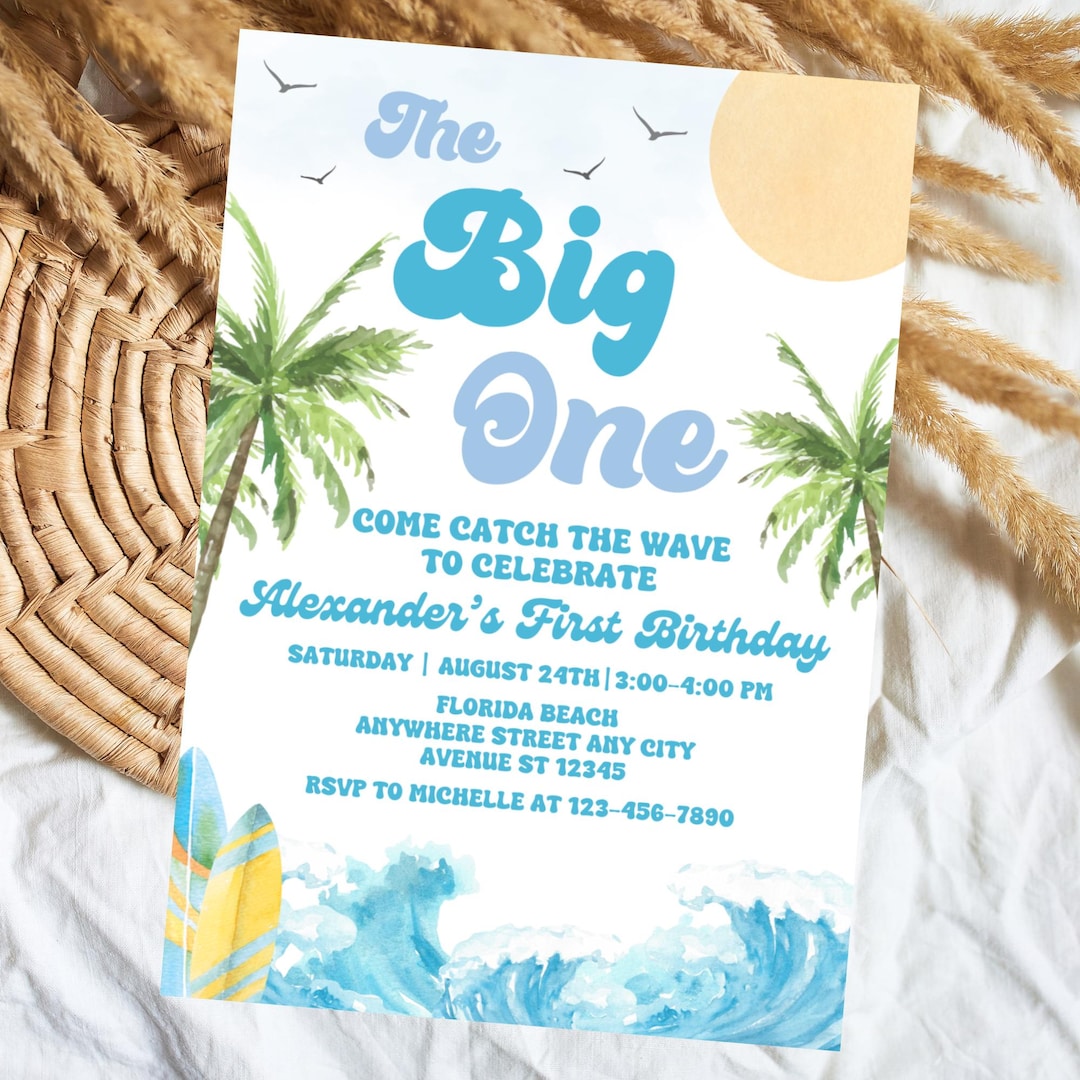 Editable The Big One Birthday Invitation Tabla de surf 1er cumpleaños ...