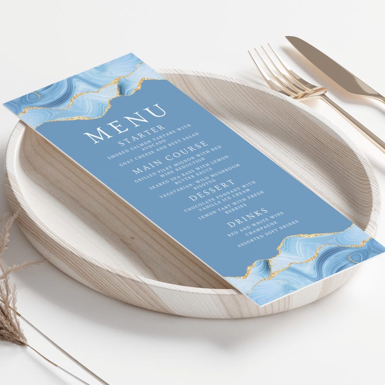 Blue Menu Card, Table Menu, Birthday Menu Card, Wedding Menu, Party ...