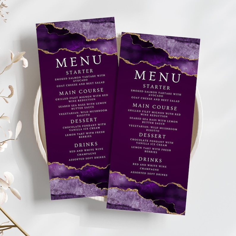 Purple Menu Card, Table Menu, Birthday Invitation Menu Card, Women ...