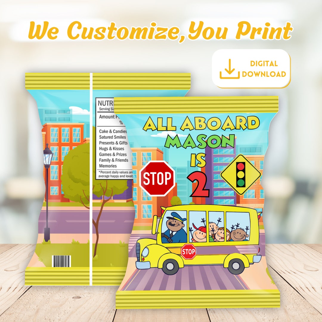 School Bus Theme Birthday Chip Bag, School Bus Favor Bags Bus Favor ...