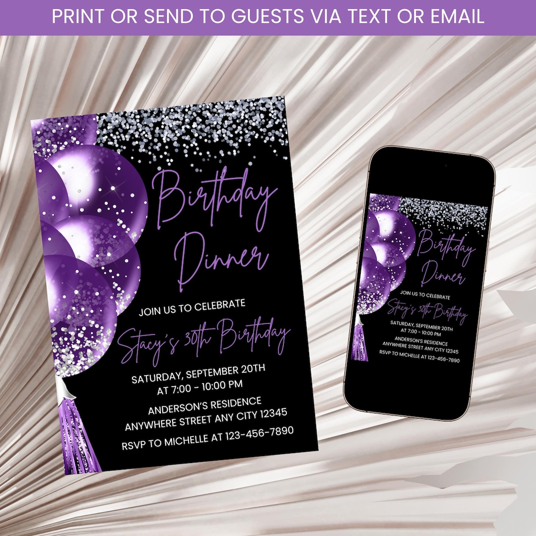 Purple Birthday Invitation, Adult Birthday Dinner Invitation, Purple ...