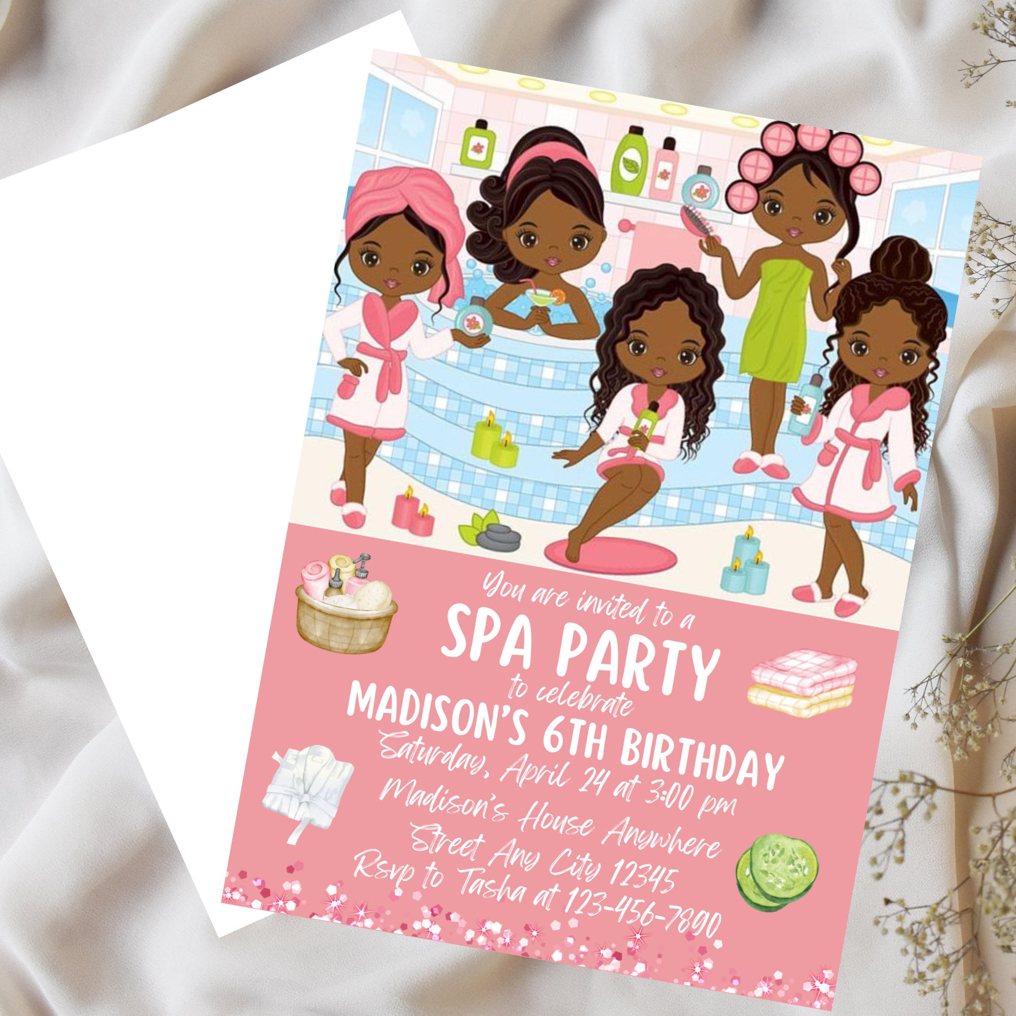 Spa Party Invitation for Birthday, African American Spa Party ...