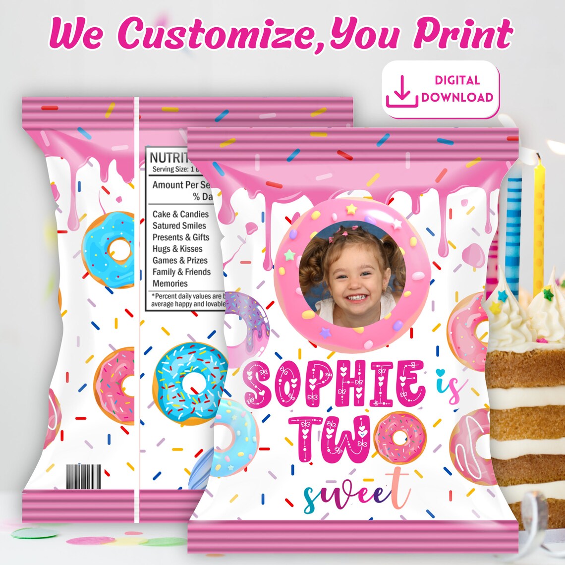 Two Sweet Donut Chip Bag Printable Template First Birthday Favor Donut ...