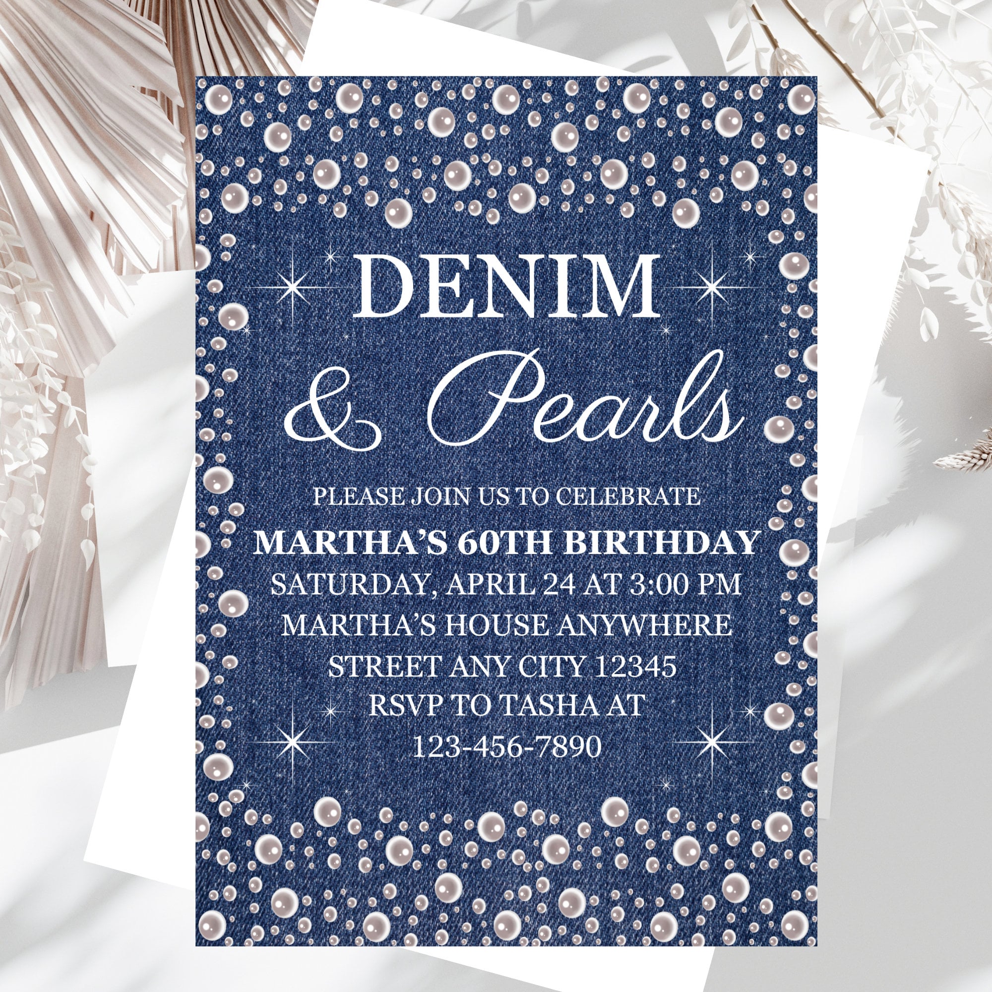 Denim and Pearls Birthday Invitation Template Editable Denim Birthday ...
