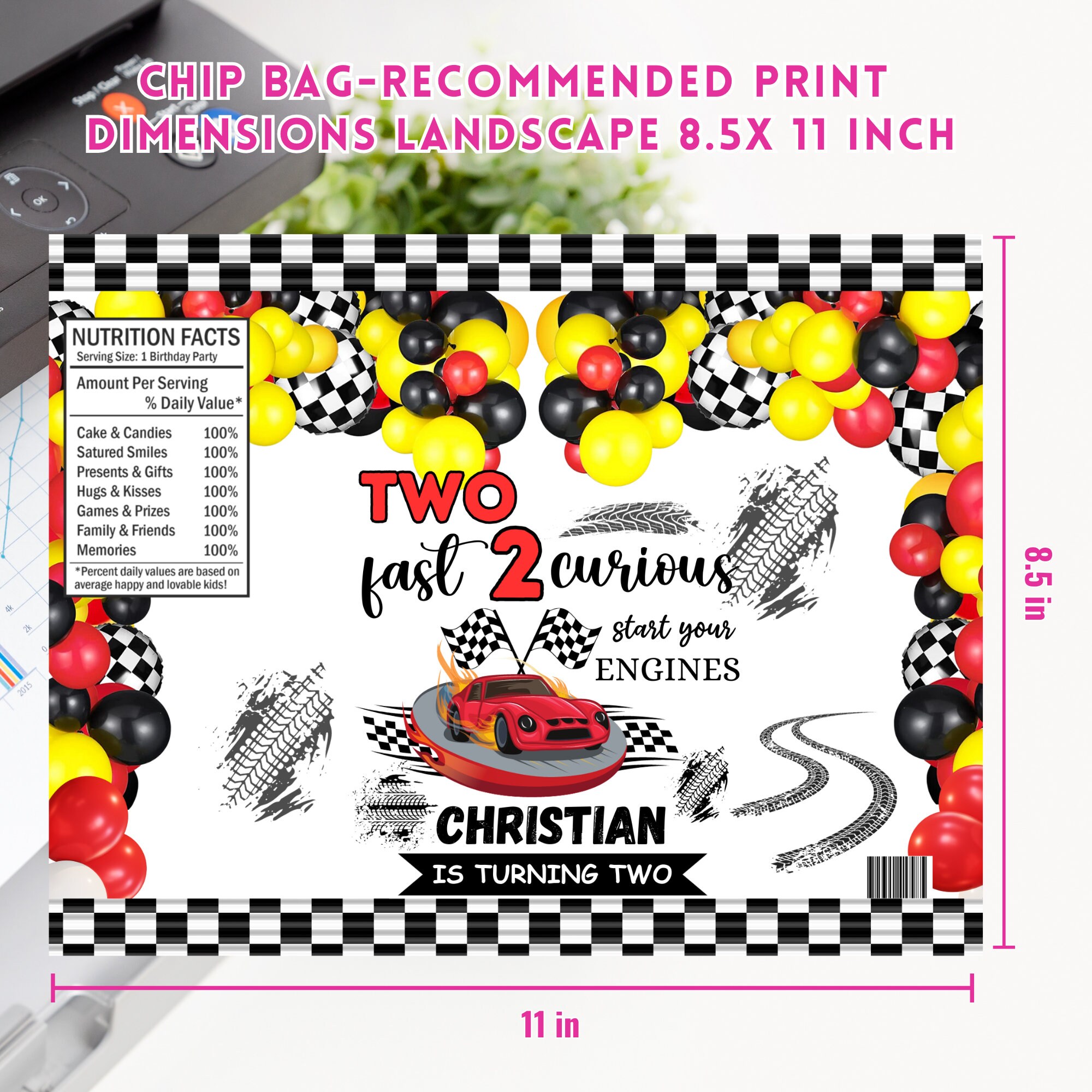 Race Car Birthday Chip Bag Two Fast 2 Curious Chip Bag Printable Party ...
