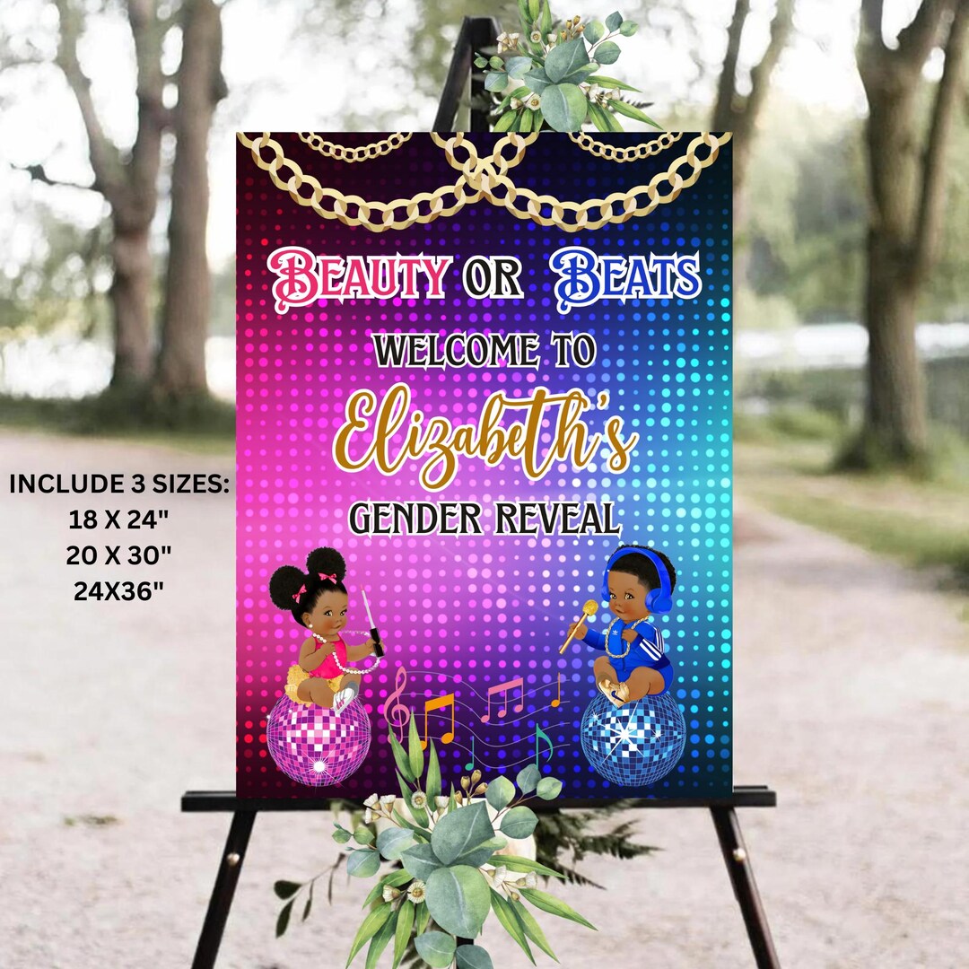 Editable Beauty or Beats Gender Reveal Welcome Sign, African American ...