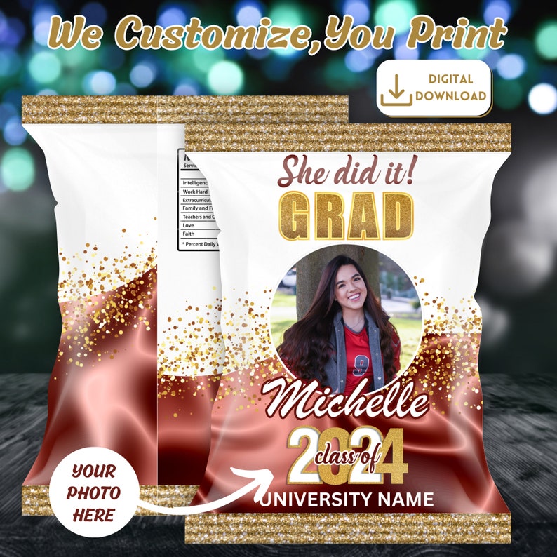 Graduation Chip Bag Template for Graduand Red and Gold Graduation Chip ...