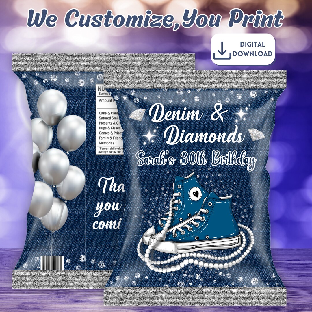 Denim and Diamond Chip Bags, Denim Diamond Birthday Party Chip Bag ...