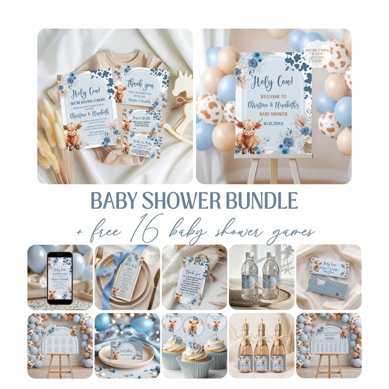 Holy Cow Boy Baby Shower Bundle, Highland Cow Baby Shower Labels, Signs ...