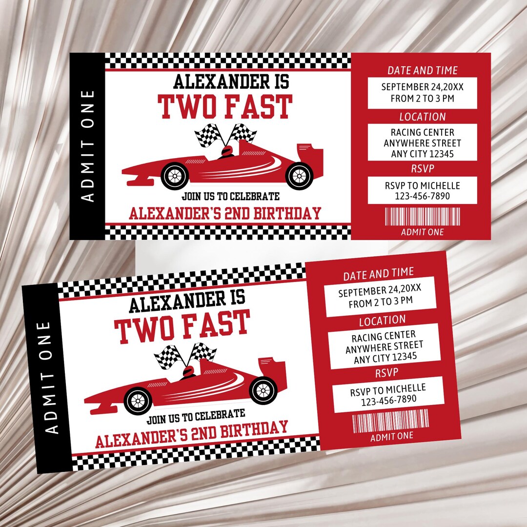Editable Race Car Ticket Birthday Invitation, Racing 2nd Birthday ...