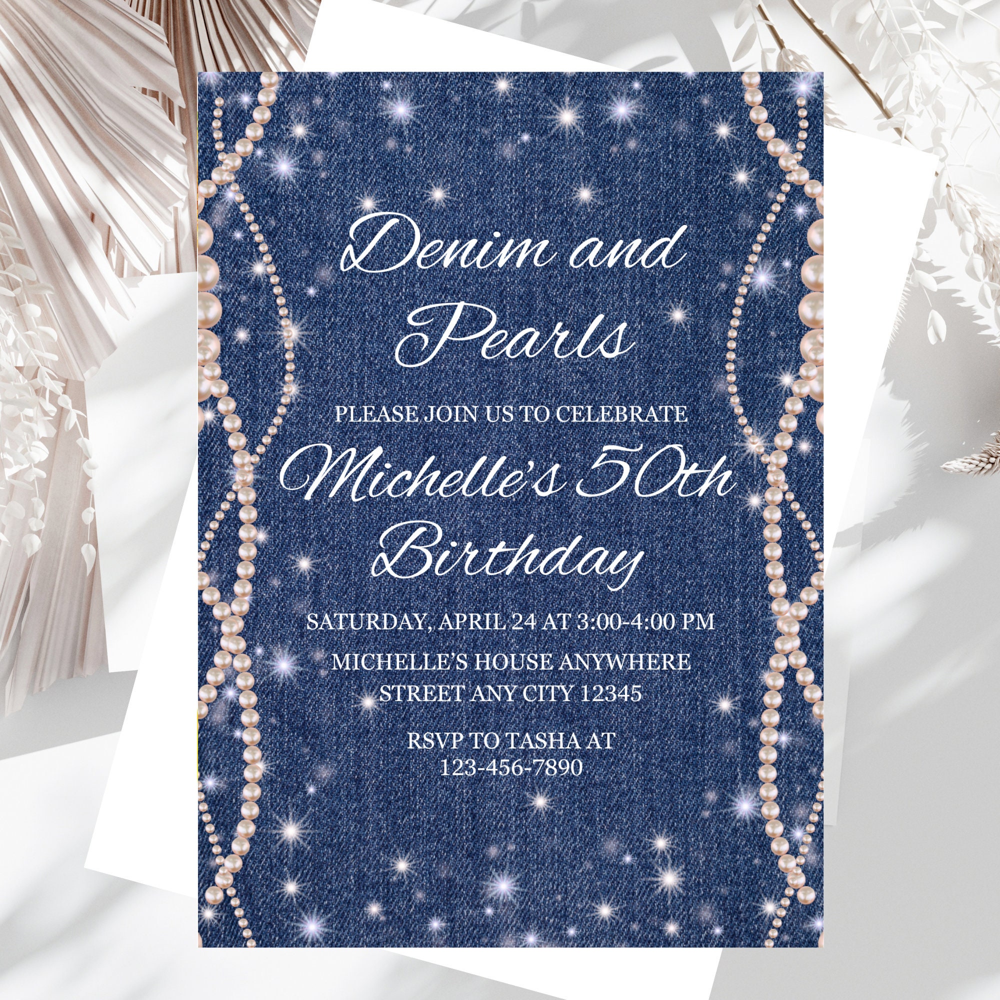 Denim and Pearls Birthday Invitation Template Editable Denim Birthday ...